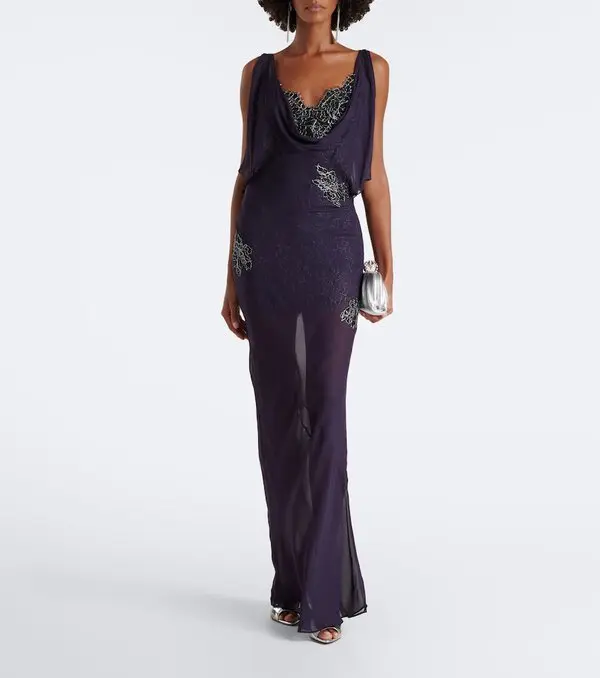 DE LA VALI Emerald Lace-trimmed Georgette Gown