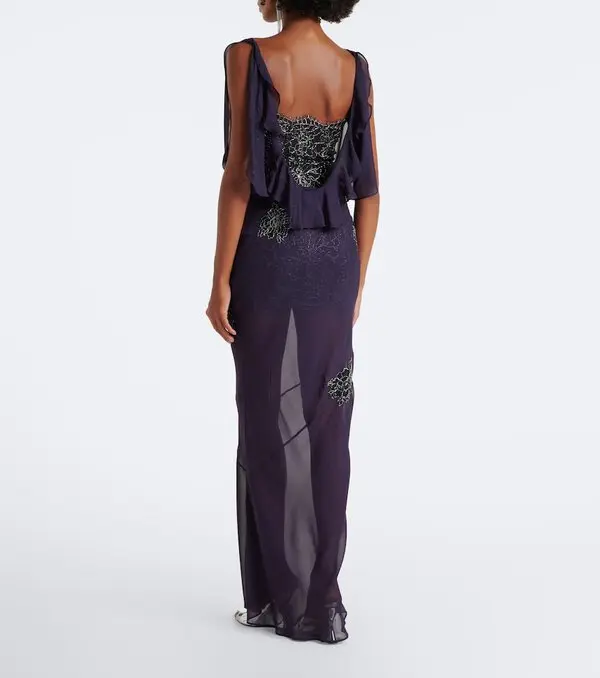 DE LA VALI Emerald Lace-trimmed Georgette Gown