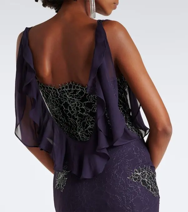 DE LA VALI Emerald Lace-trimmed Georgette Gown