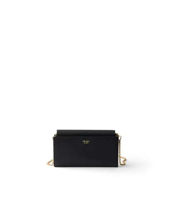 Prada Saffiano Leather Wallet With Shoulder Strap - Black