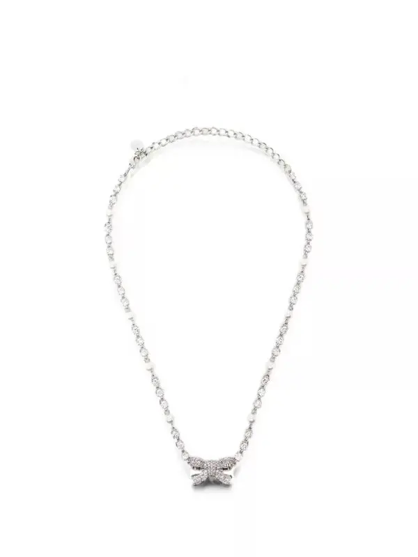 SELF-PORTRAIT Crystal Pearl Bow Necklace - Silver