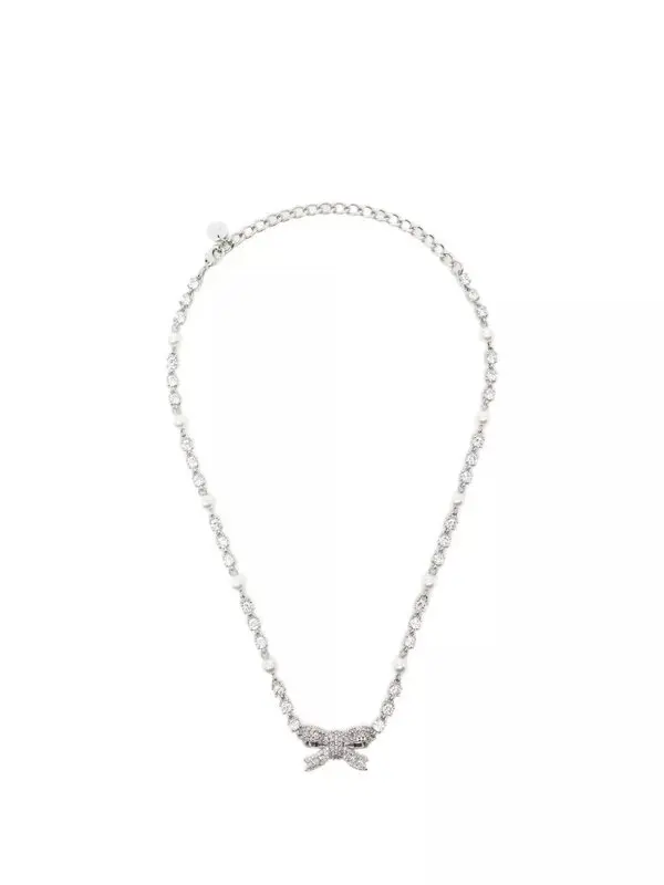 SELF-PORTRAIT Crystal Pearl Bow Necklace - Silver