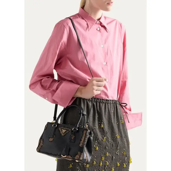 Prada Galleria Houndstooth Wool & Leather Top-handle Bag