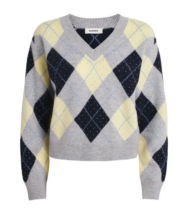 Sandro Wool Embellished Argyle Sweater - Black