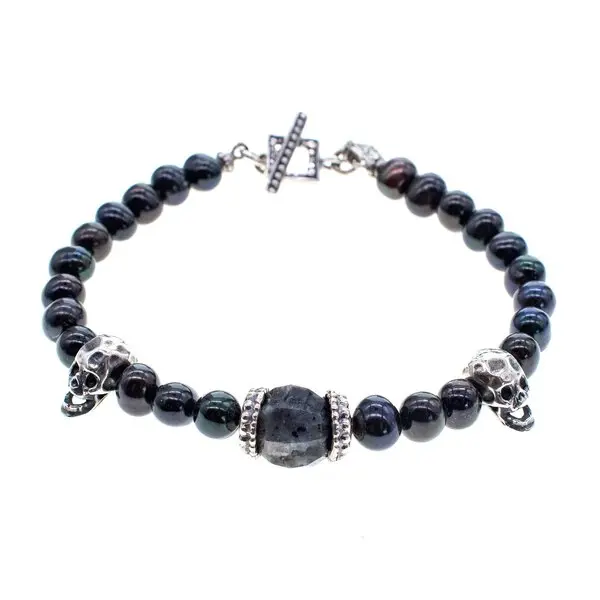 GEM KINGDOM Skull & Black Beaded Bracelet