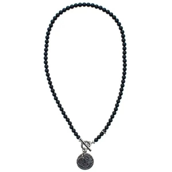 GEM KINGDOM Black Onyx Sugar Skull Coin Necklace - Black/silver