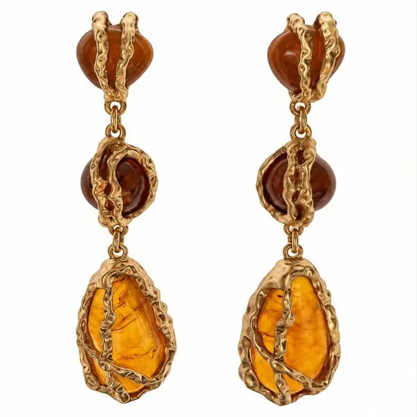 BY OZGE Golden Ember Amber Effect Gold Plated Brass Statement Drop Earrings Brown - Gold/brown