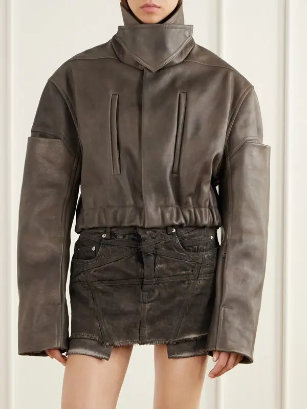 Rick Owens Cropped Funnel-neck Leather Jacket