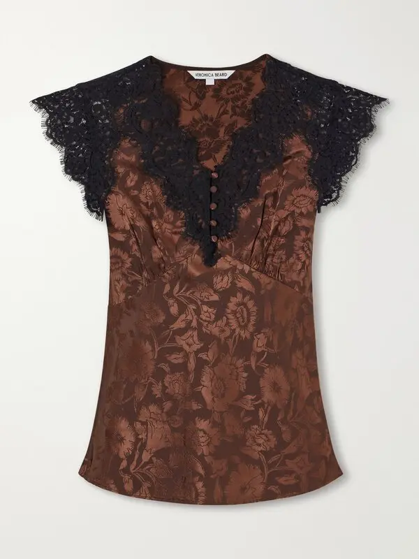 Veronica Beard Pascaline Lace-trimmed Floral-jacquard Silk-blend Satin Blouse - Brown