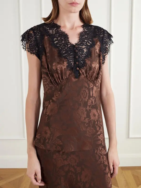 Veronica Beard Pascaline Lace-trimmed Floral-jacquard Silk-blend Satin Blouse - Brown