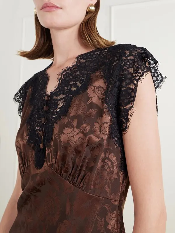 Veronica Beard Pascaline Lace-trimmed Floral-jacquard Silk-blend Satin Blouse - Brown