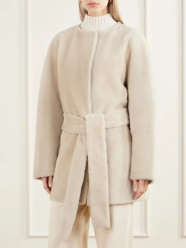 ALMADA Sasha Collarless Belted Shearling Coat