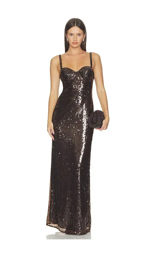 L'Agence Sayla Maxi Dress In Brown - Dark Java Sequins
