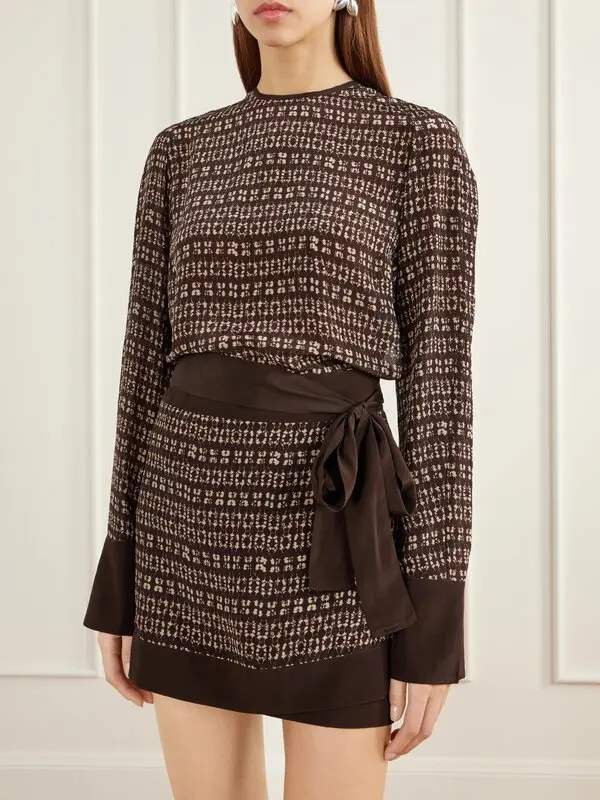 SIR. Astrid Wrap-effect Printed Crepe Mini Dress - Brown