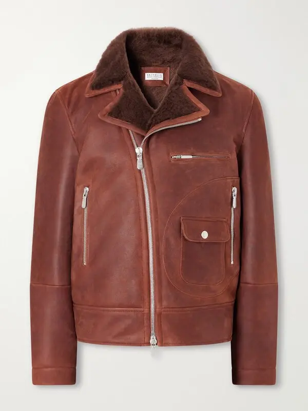 Brunello Cucinelli Shearling-trimmed Leather Jacket - Brown