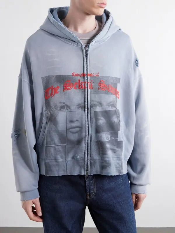 SEKRIT Compliments Distressed Appliquéd Printed Cotton-jersey Sweater