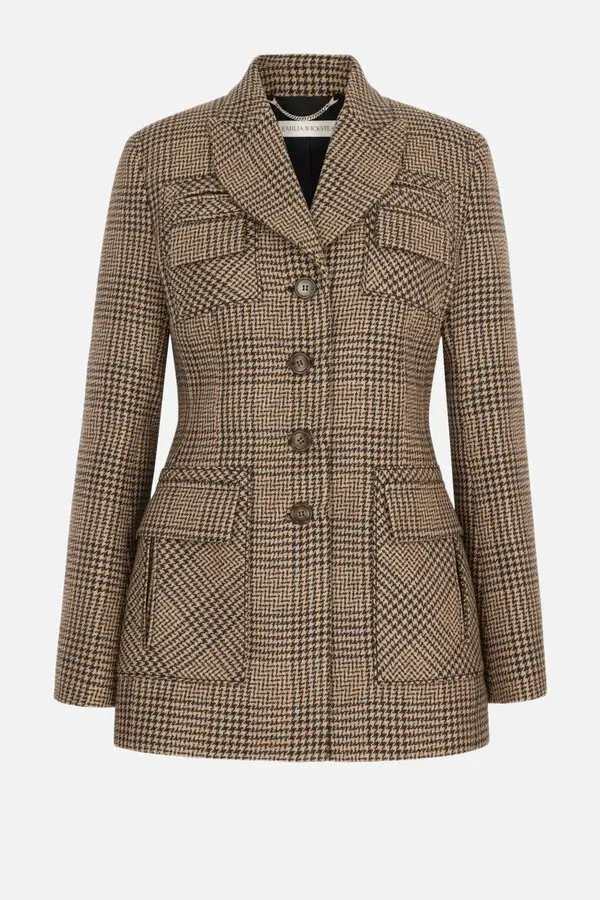 EMILIA WICKSTEAD Sorrel Jacket In Black & Prince Of Wales Check - Camel