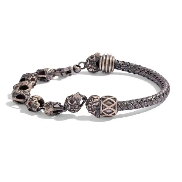 EBRU JEWELRY Skull Bead Braided Oxidized Sterling Bracelet - Silver