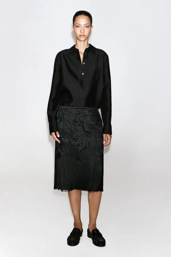 Cos Embroidered Fringed Midi Skirt