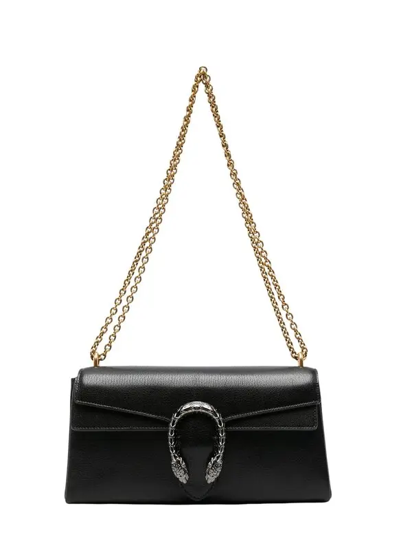Gucci Leather Shoulder Handbag With Chain Strap And Tiger Head Metal Plaque, Flap Closure, 28x14x7 Cm - Ebony