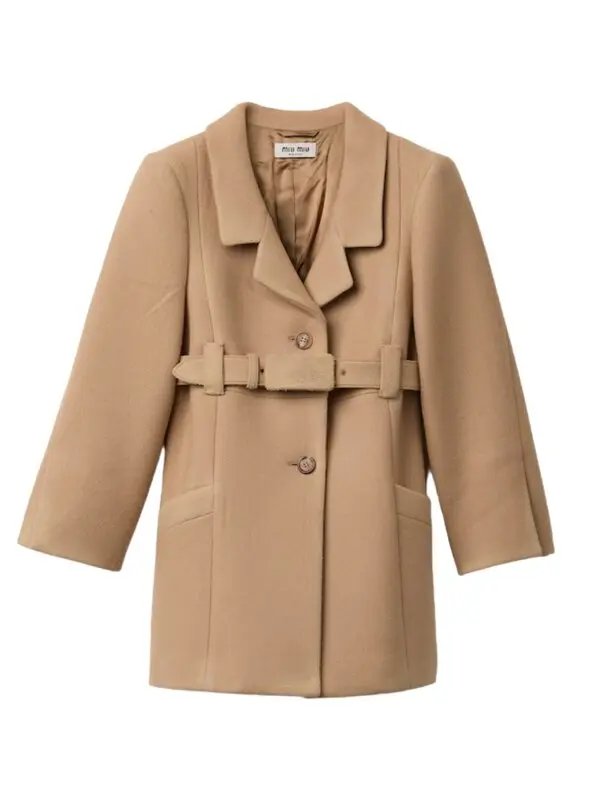 Miu Miu Single-breasted Waxed Wool Overcoat With Straight Fit And Welt Pockets - Beige