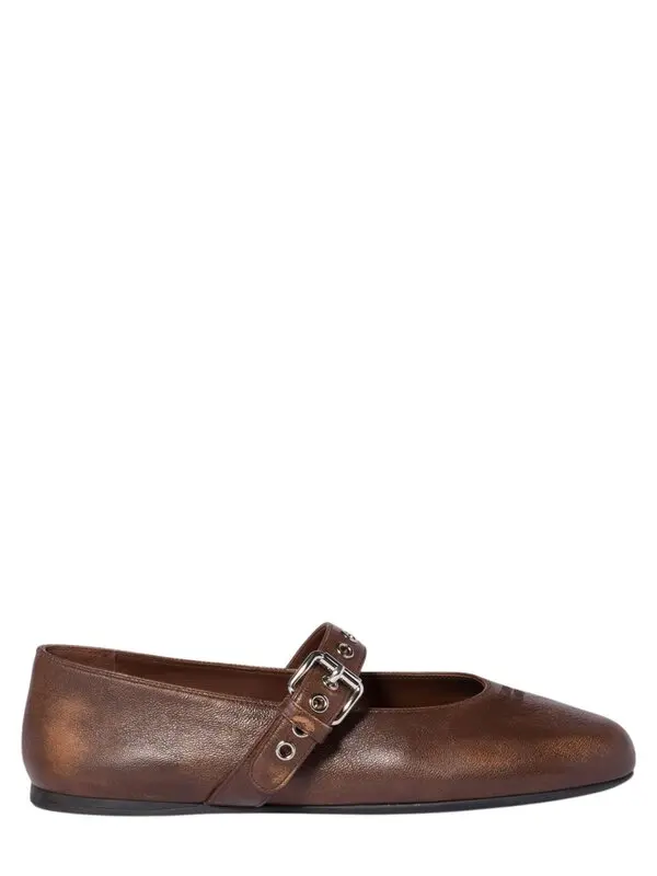 Miu Miu Embroidered Logo Ballerina Flats In Nappa Leather With Silver Buckle Strap - Brown