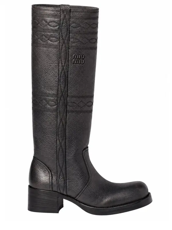 Miu Miu Leather Boot With Decorative Stitching And Covered Heel - Grey