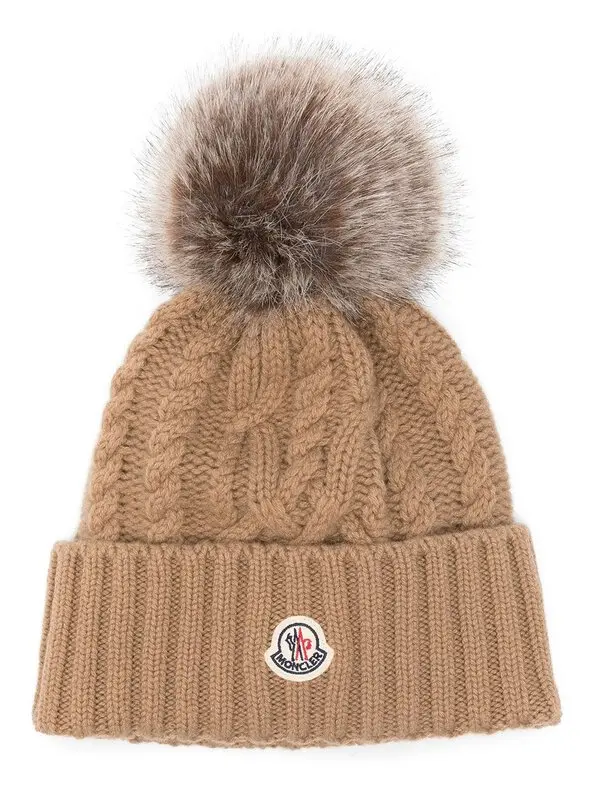 Moncler Berretto In Misto Lana E Cashmere Con Pon Pon - Brown