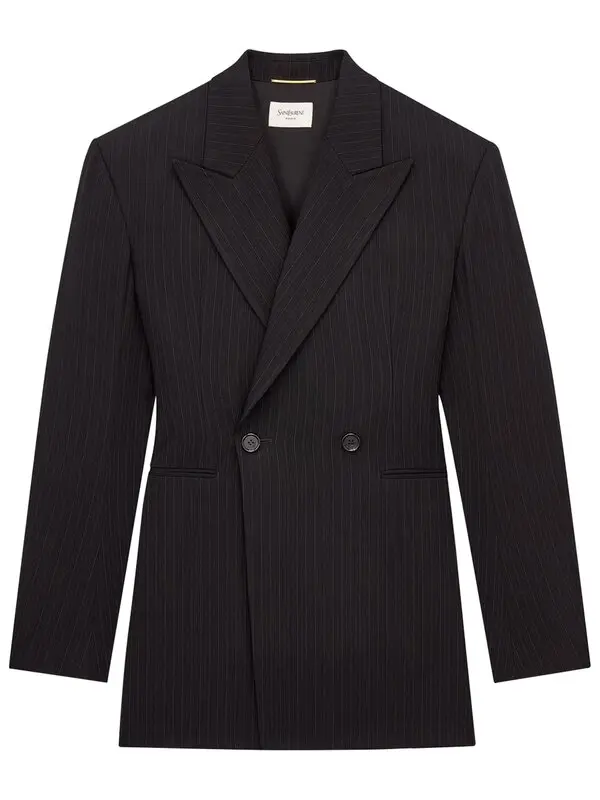 Saint Laurent Giacca Doppiopetto In Lana Mélange Gessata - Black