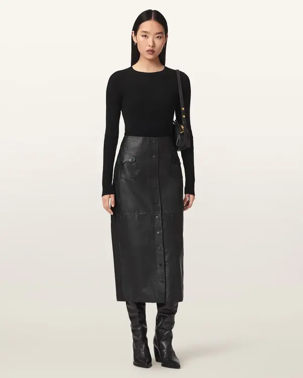 ALLSAINTS Rock Leather Midi Skirt - Black