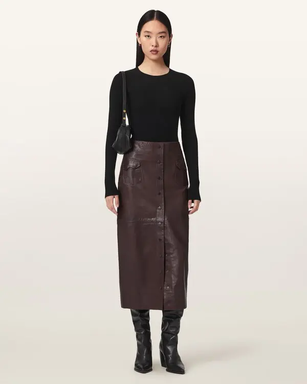 ALLSAINTS Rock Leather Midi Skirt - Red