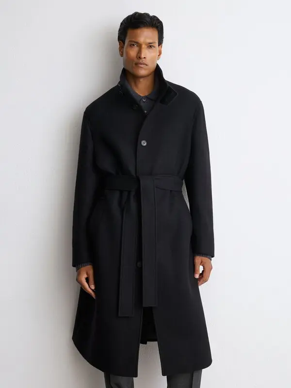 REISS Danbury Wool-blend Belted Funnel-neck Overcoat - Black