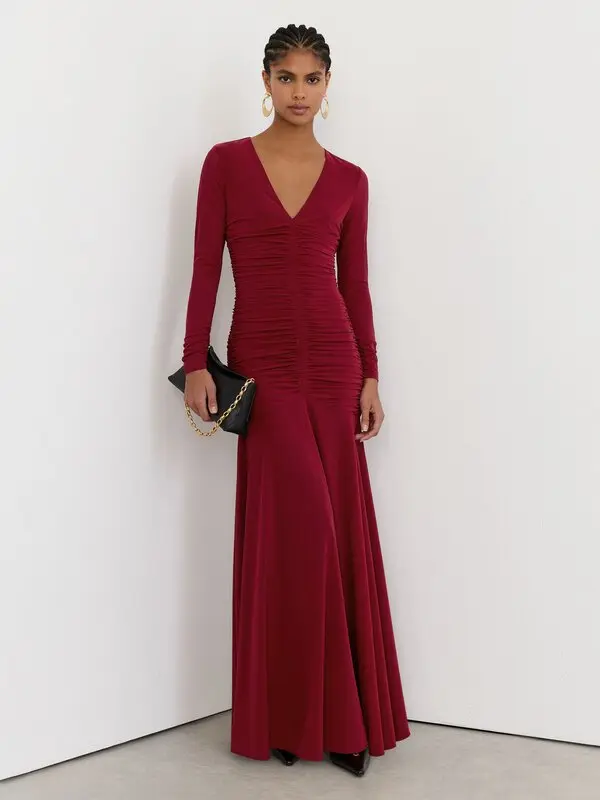 REISS Cathy Ruched Mesh Long-sleeve Maxi Dress - Red