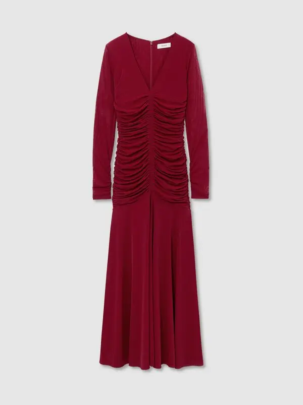 REISS Cathy Ruched Mesh Long-sleeve Maxi Dress