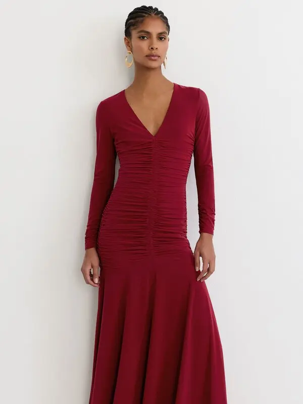 REISS Cathy Ruched Mesh Long-sleeve Maxi Dress