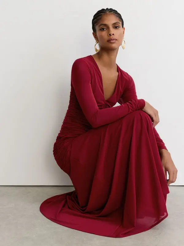 REISS Cathy Ruched Mesh Long-sleeve Maxi Dress