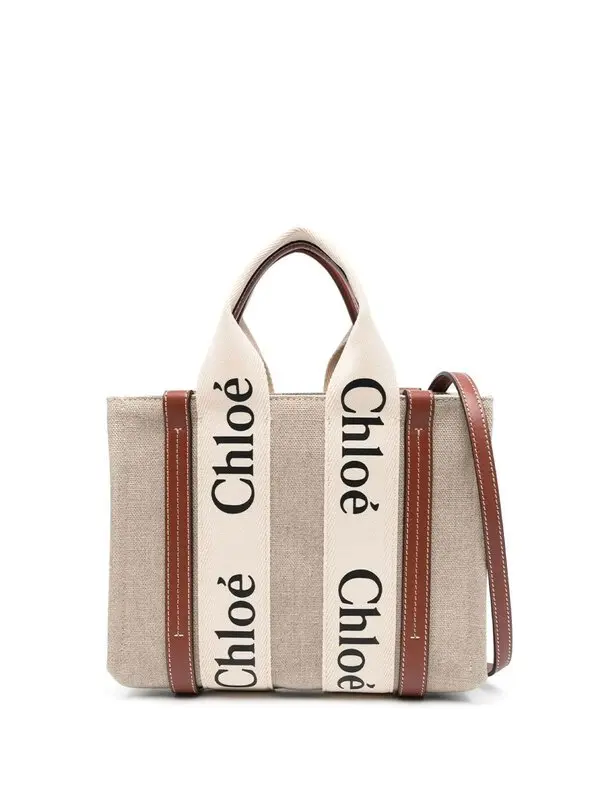 Chloé Tote Bag Woody Piccola In Lino - Multicolor