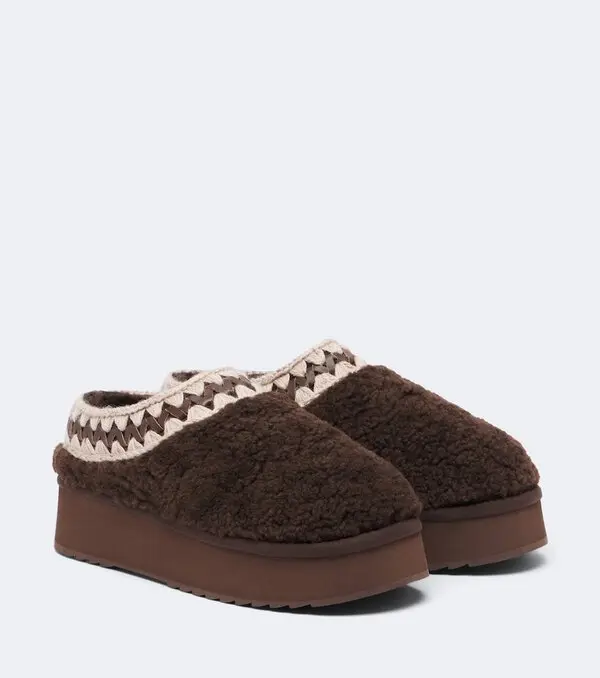 Mou Shearling Platform Mules - Brown