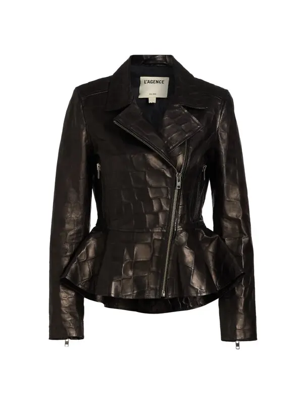 L'Agence Lyric Peplum Leather Biker Jacket - Black