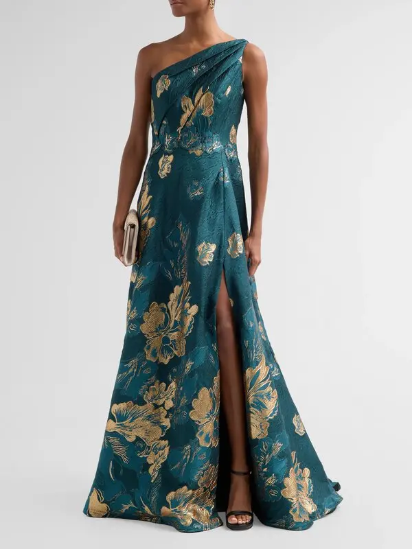 Rene Ruiz Collection Metallic Floral Jacquard One-shoulder Gown