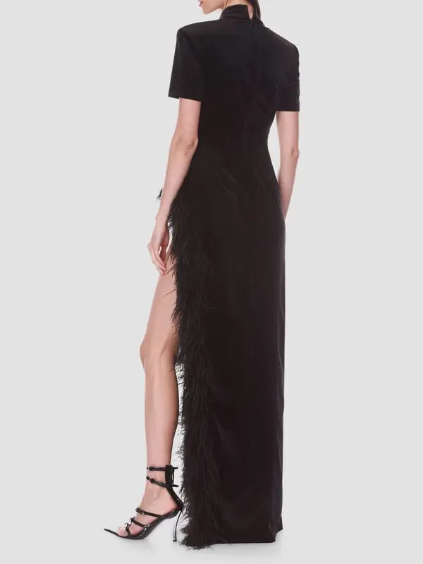 BRONX BANCO Velvet Feather Trim Slit Gown