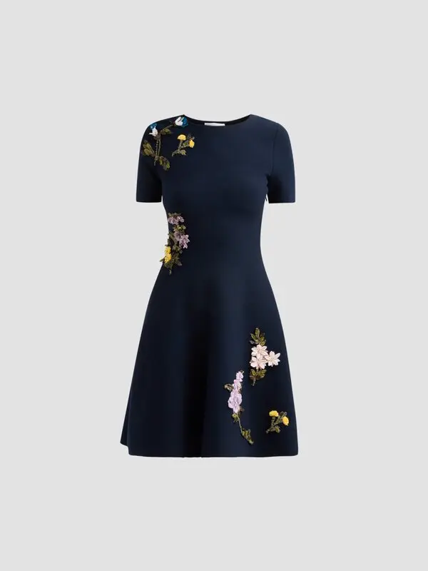 Oscar De La Renta Embroidered Fit & Flare Short-sleeve Mini Dress - Navy