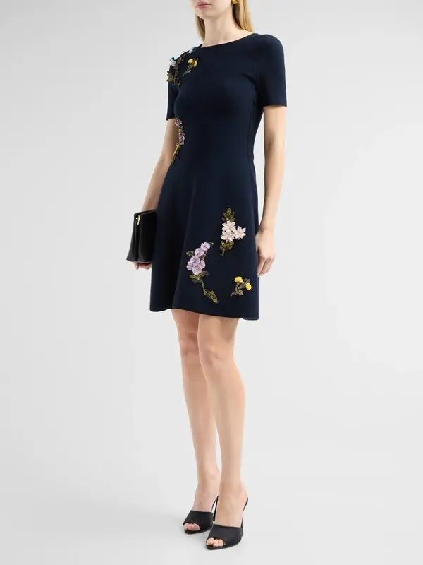 Oscar De La Renta Embroidered Fit & Flare Short-sleeve Mini Dress