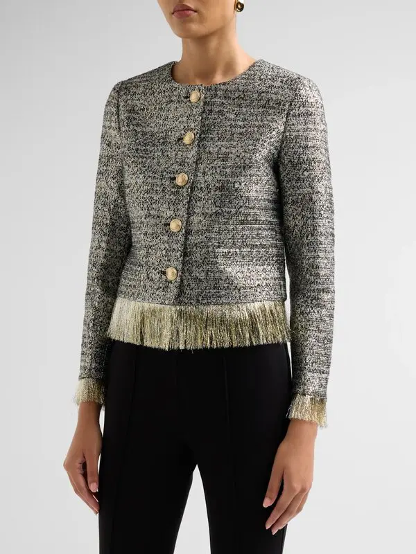 Elie Tahari Lia Feather-hem Metallic Crop Jacket