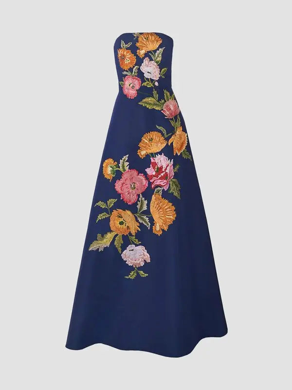 Carolina Herrera Floral-embroidered Silk Strapless Gown