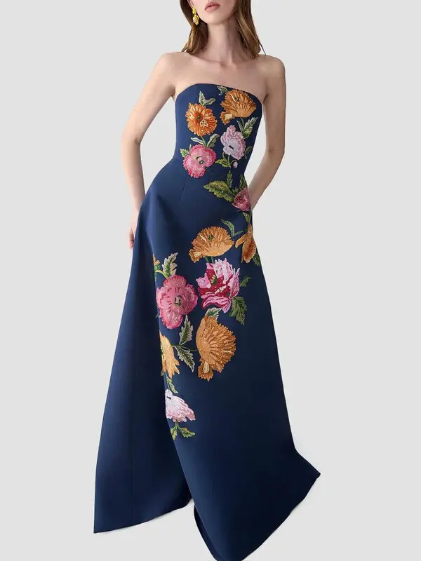 Carolina Herrera Floral-embroidered Silk Strapless Gown