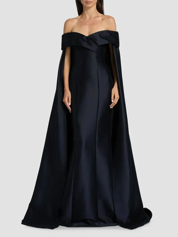 Badgley Mischka Mikado Off-the-shoulder Cape Gown