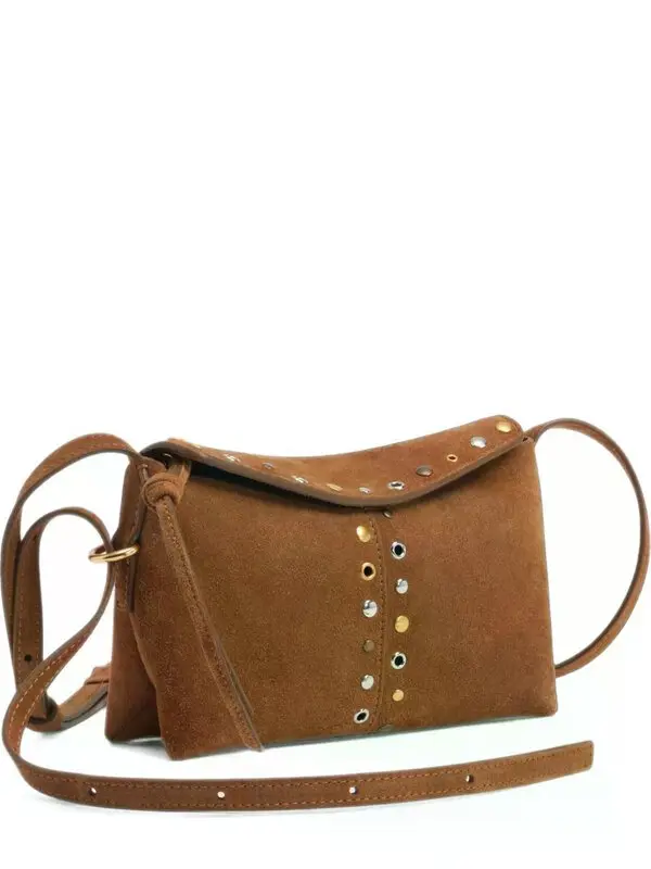 Bimba Y Lola Small Tobacco Suede Studded Flap Crossbody Bag