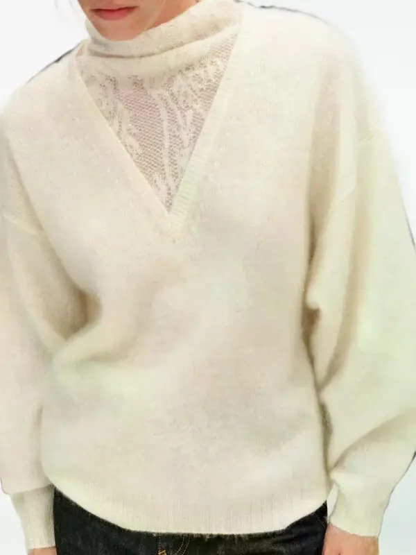 Bimba Y Lola Ivory Wool Openwork High-neck Sweater
