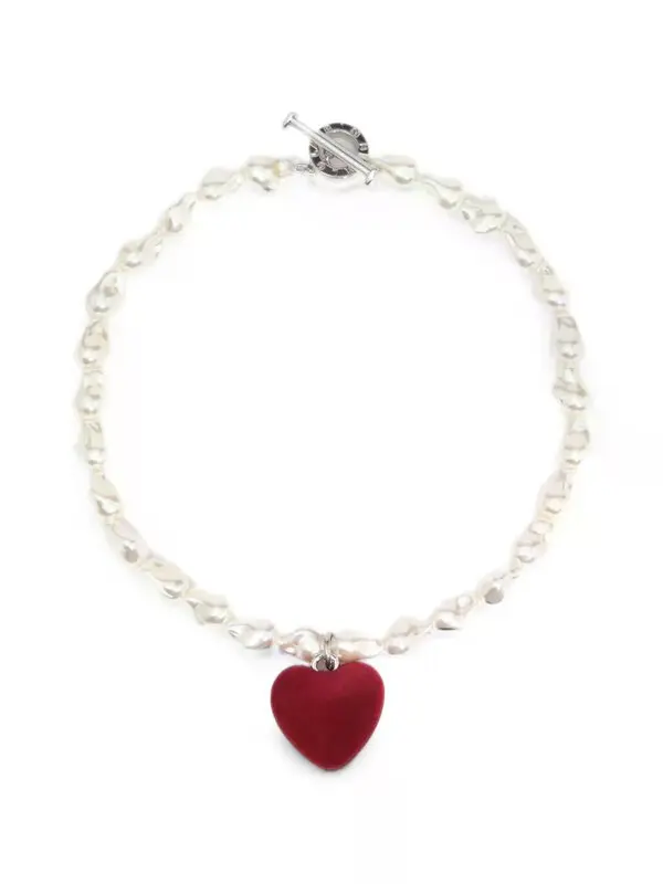 Bimba Y Lola Pearls And Red Flocked Heart Necklace - White